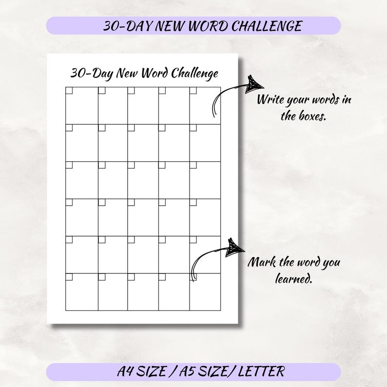 30-day New Word Challenge, Printable Language Learning Tracker ...