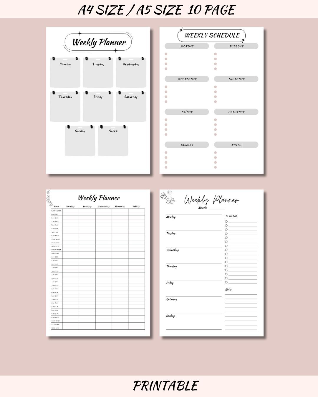 Minimalist Weekly Planner Bundle, 10 Printable Designs, A4 & A5 Sizes ...