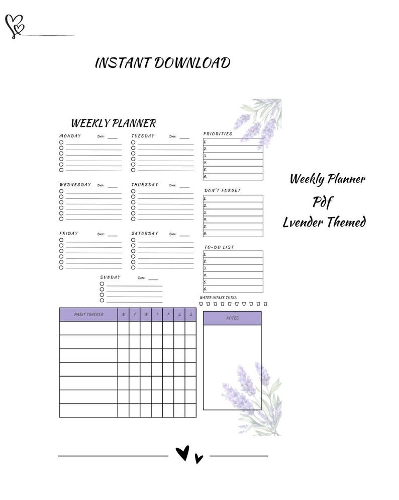 Lavender Weekly Planner, Printable & Digital Template, to Do List ...