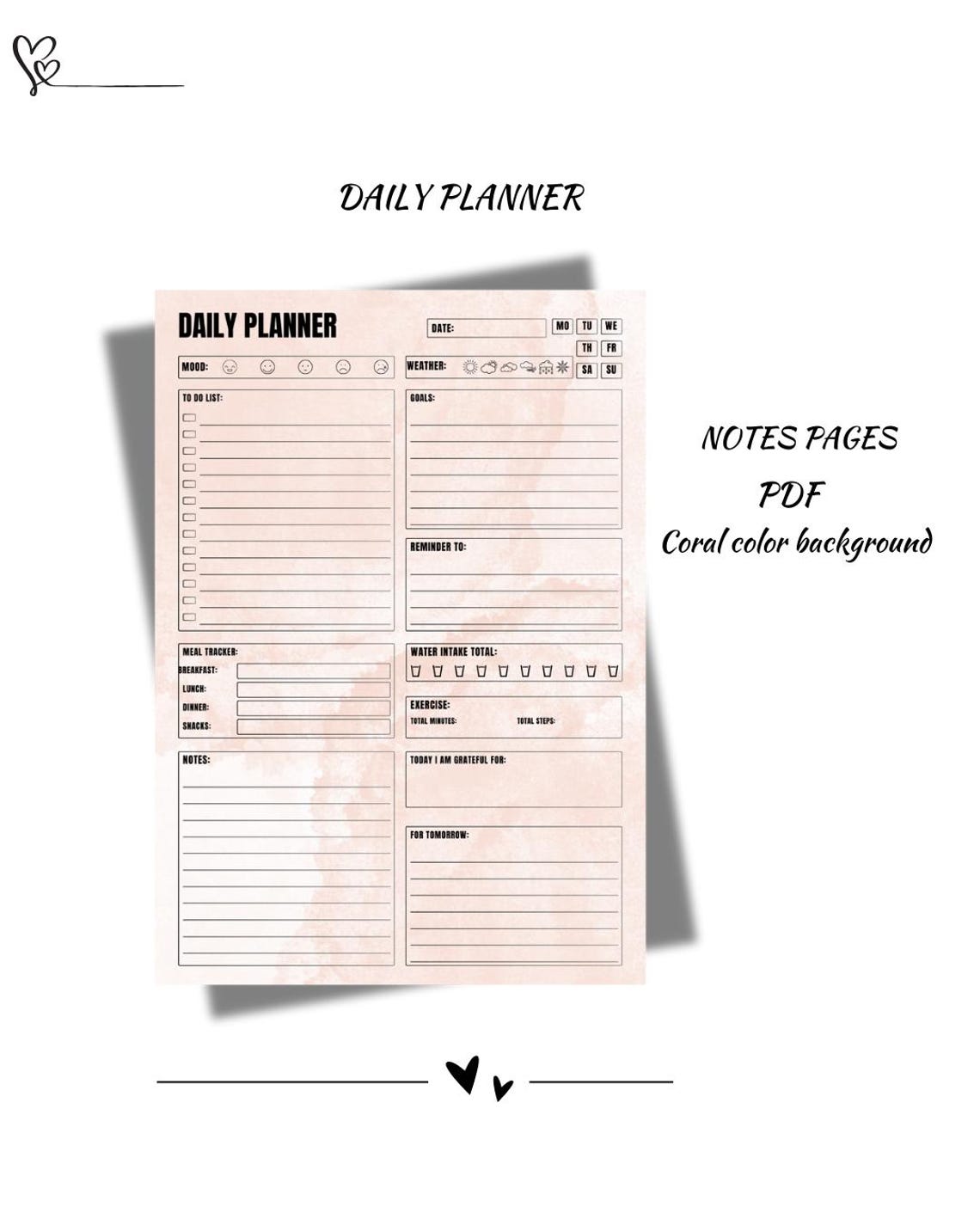 Coral Color Daily Planner, Printable A4, A5, A3 Letter Sizes, Organize ...