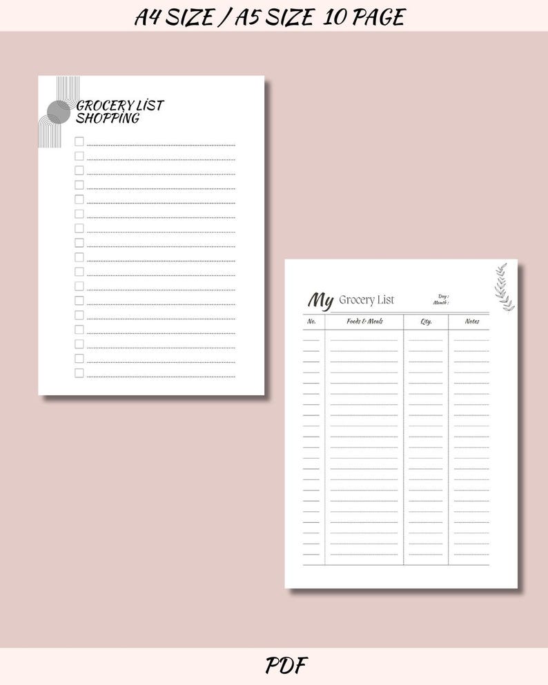 Minimalist Grocery List Bundle, 10 Printable Templates for Organized ...