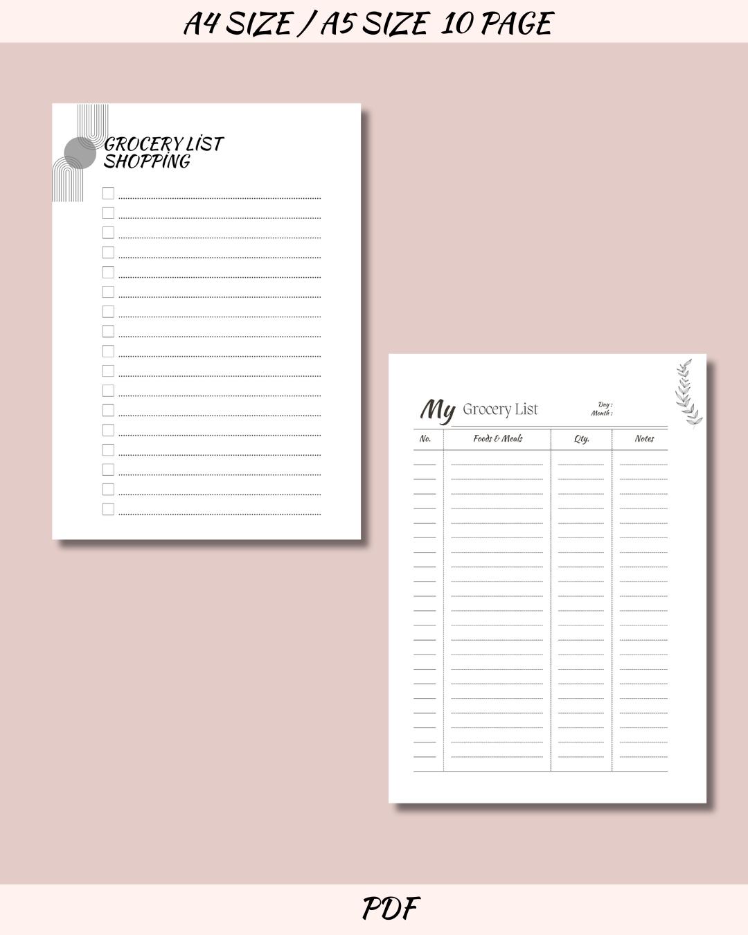 Minimalist Grocery List Bundle, 10 Printable Templates for Organized ...