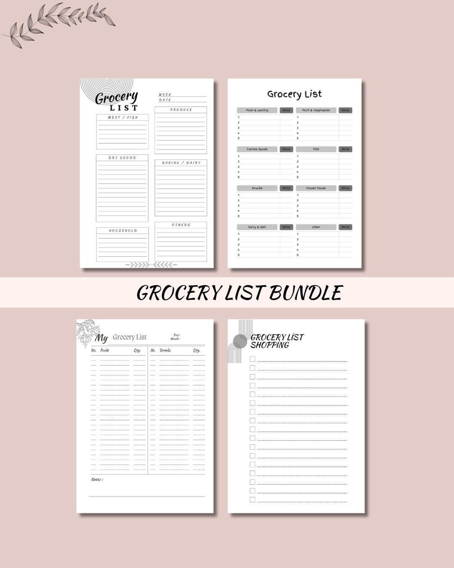 Minimalist Grocery List Bundle, 10 Printable Templates for Organized ...