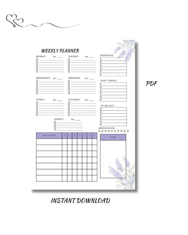 Lavender Weekly Planner, Printable & Digital Template, to Do List ...