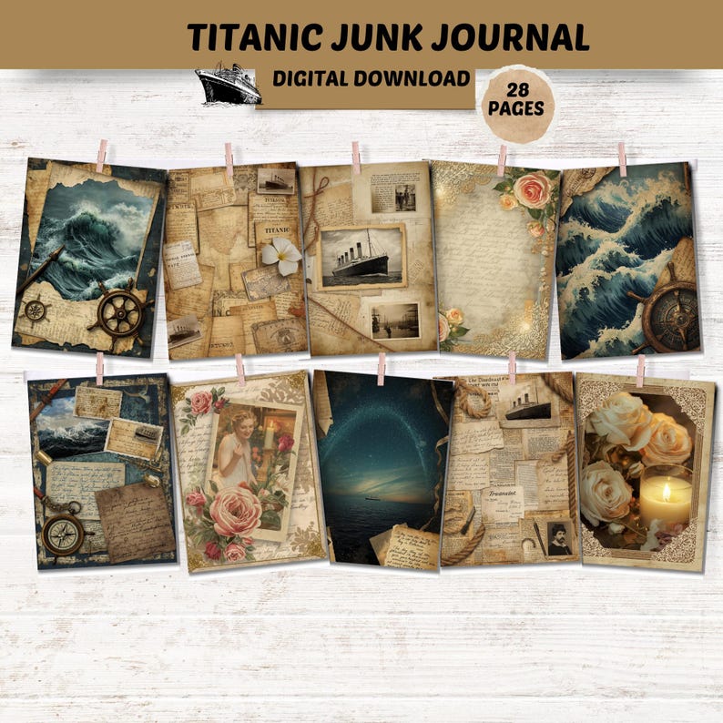 Titanic Junk Journal Pages, 28 Vintage Ephemera Backgrounds, Nautical ...
