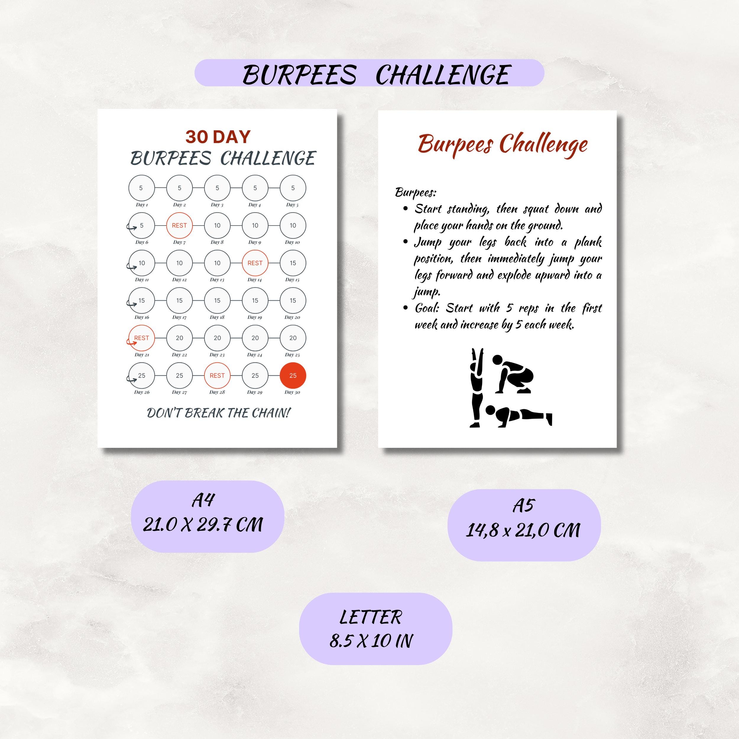 Burpees Challenge, 30-day Full-body Workout Plan, Printable Fitness ...