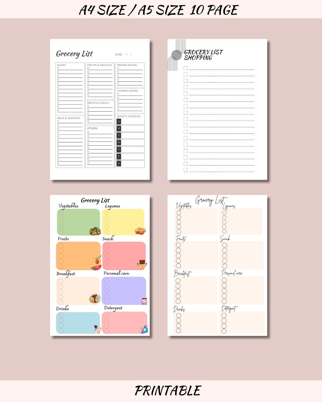 Minimalist Grocery List Bundle, 10 Printable Templates for Organized ...