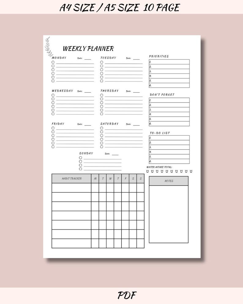 Minimalist Weekly Planner Bundle, 10 Printable Designs, A4 & A5 Sizes ...