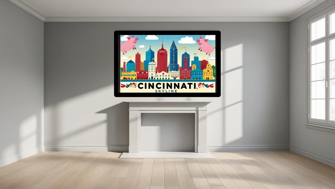 Cincinnati Skyline Cartoon Digital Download | Fun Flying Pigs Cityscape ...