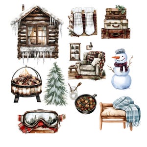 Watercolor Winter Cabin Clipart Bundle: Cozy Cottagecore PNG (digital ...