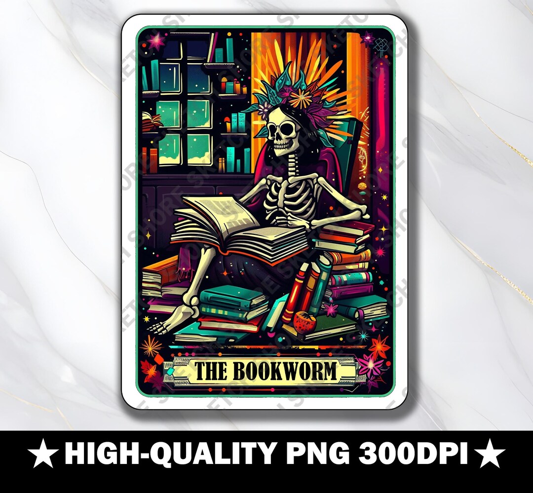 The Bookworm Tarot Card Art, Reader Skeleton PNG, Trendy Sublimation ...