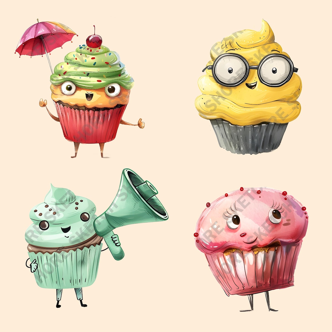 Quirky Cupcake PNG Clipart Bundle, Whimsical Cupcakes PNG, Funny ...
