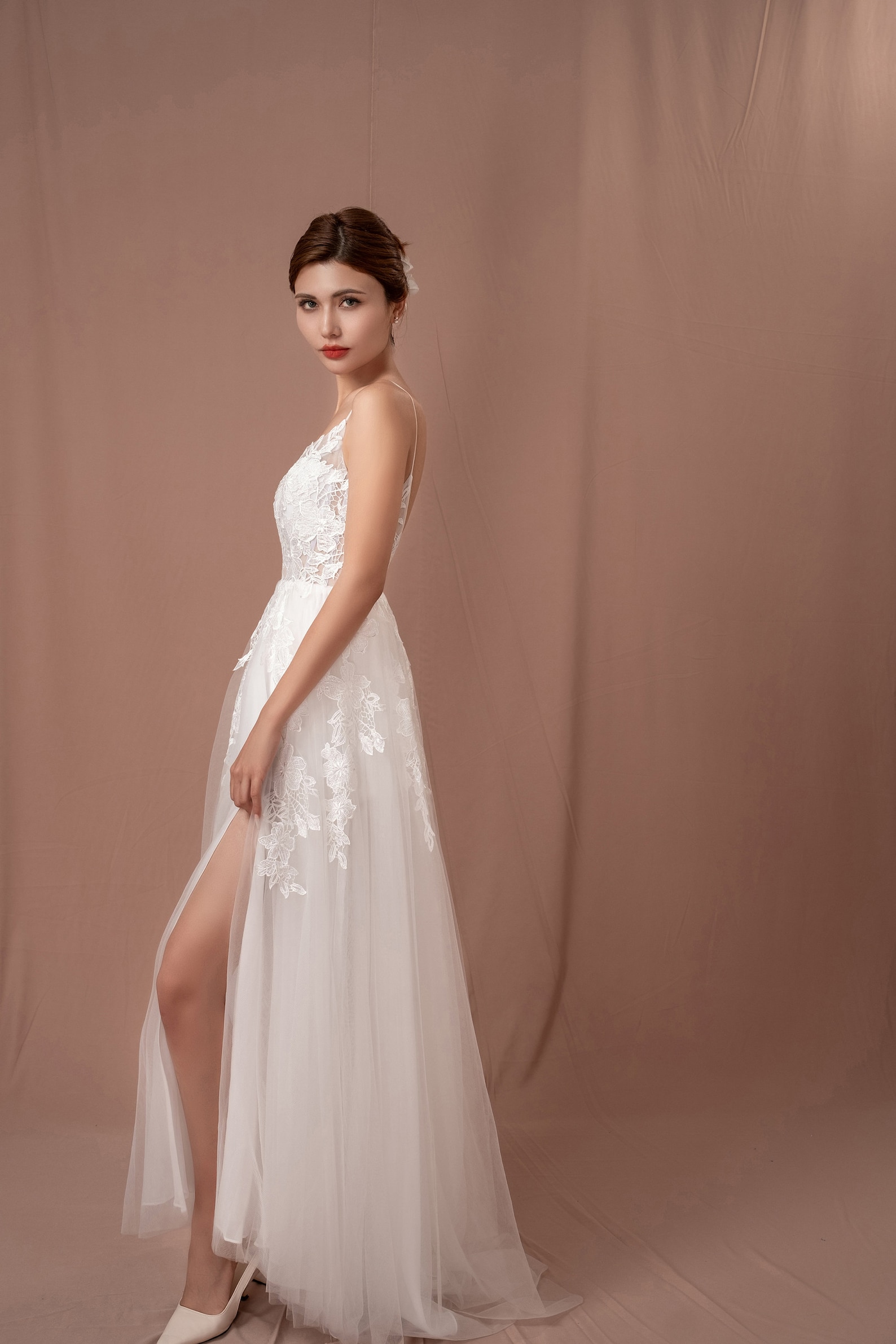 Beach Wedding Dress Spagetti Straps V Neck Low Back Split A-line Bridal ...