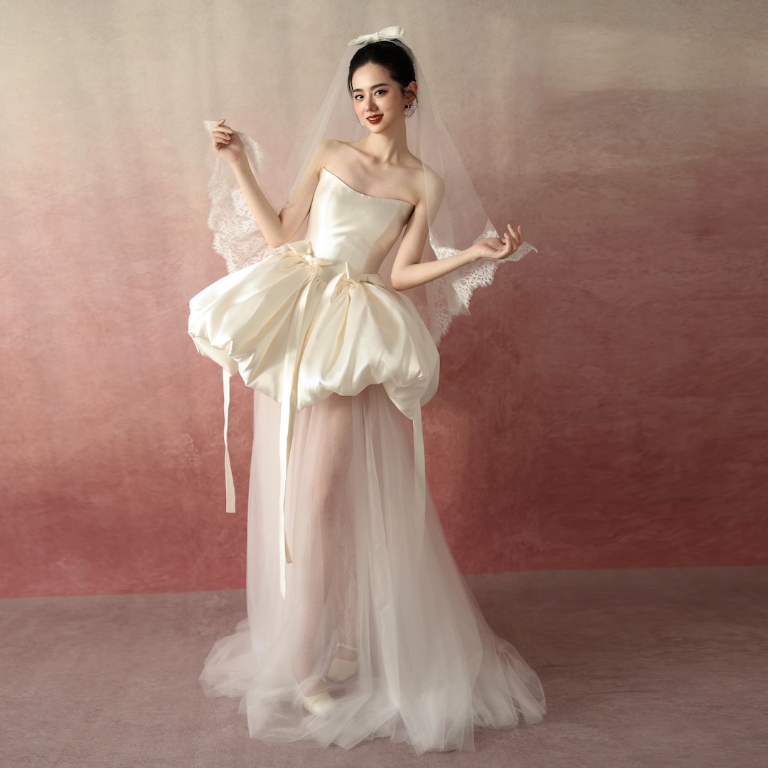 Cute Mini Short Bridal Dress Mikado Skirt Basque Waist Cat Eye Neckline ...
