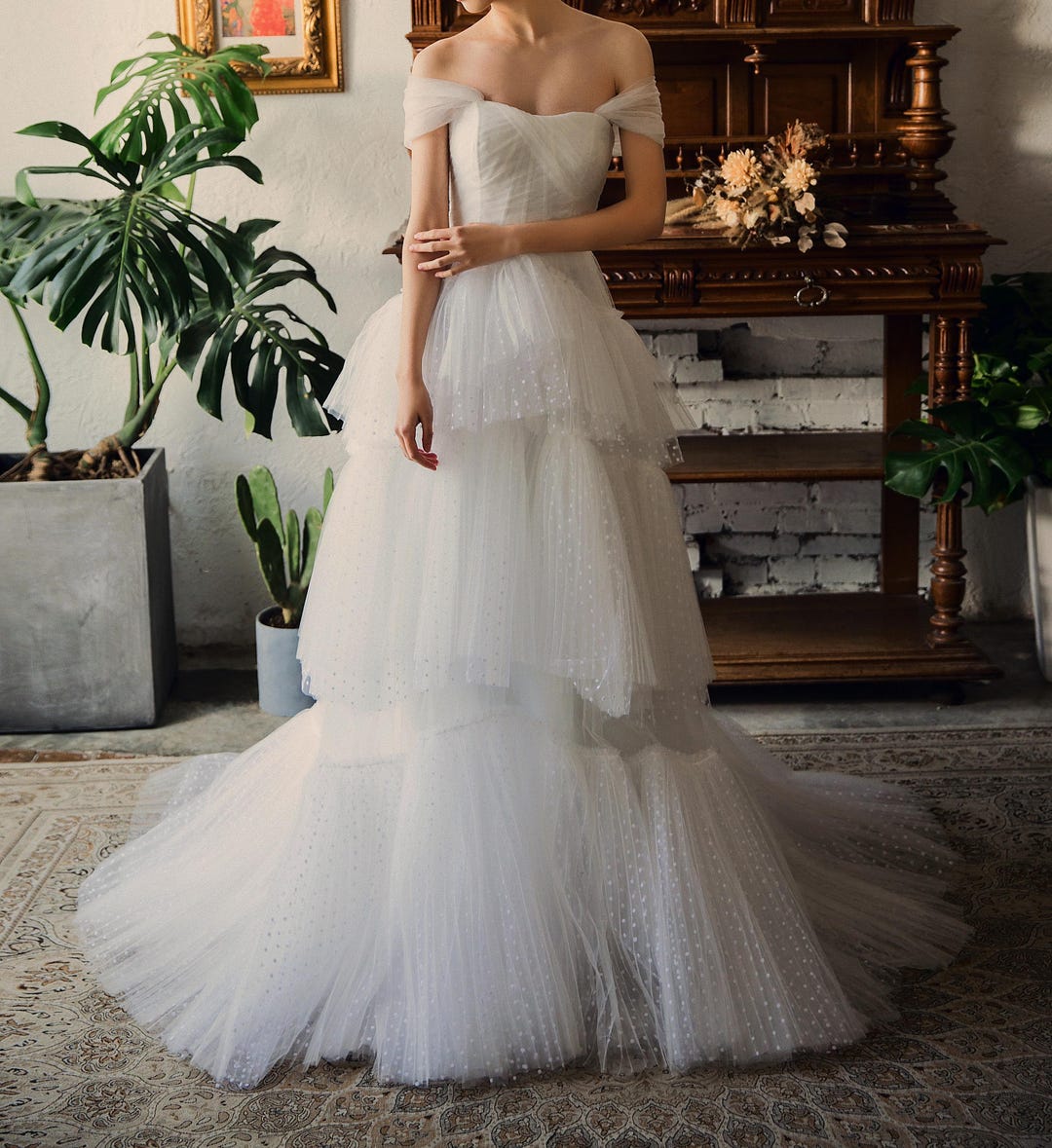 Vintage Vibe Spot Tulle Wedding Dress Pleated Tulle Tiered Layers A ...
