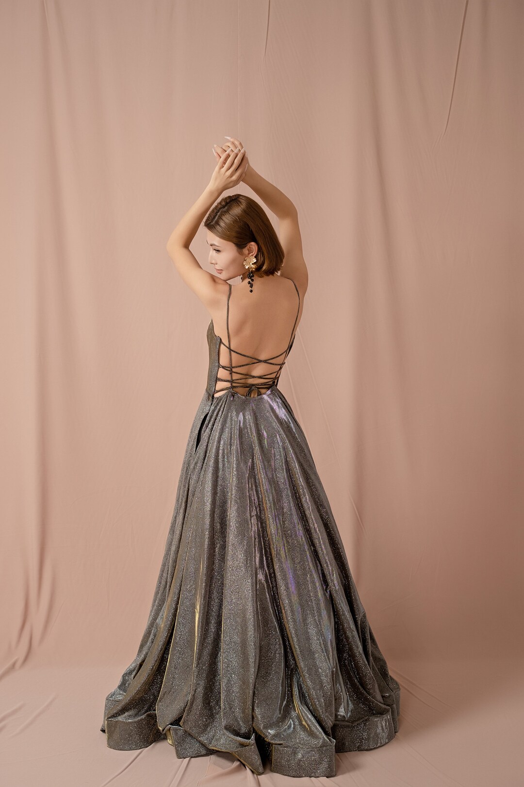 Unique Backless Prom Dress Split Skirt Spagetti Straps Prom Gown Golden ...