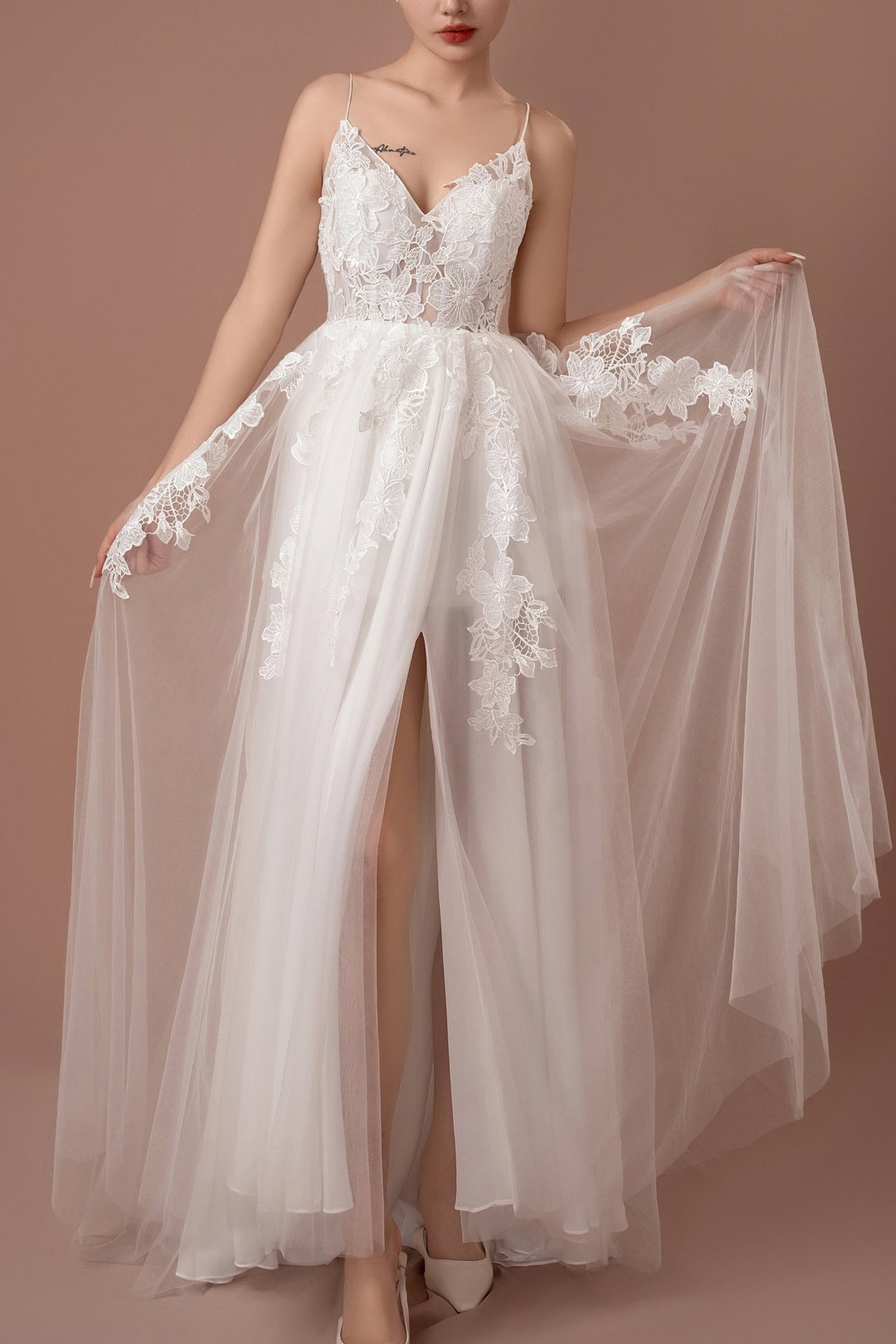 Beach Wedding Dress Spagetti Straps V Neck Low Back Split A-line Bridal ...