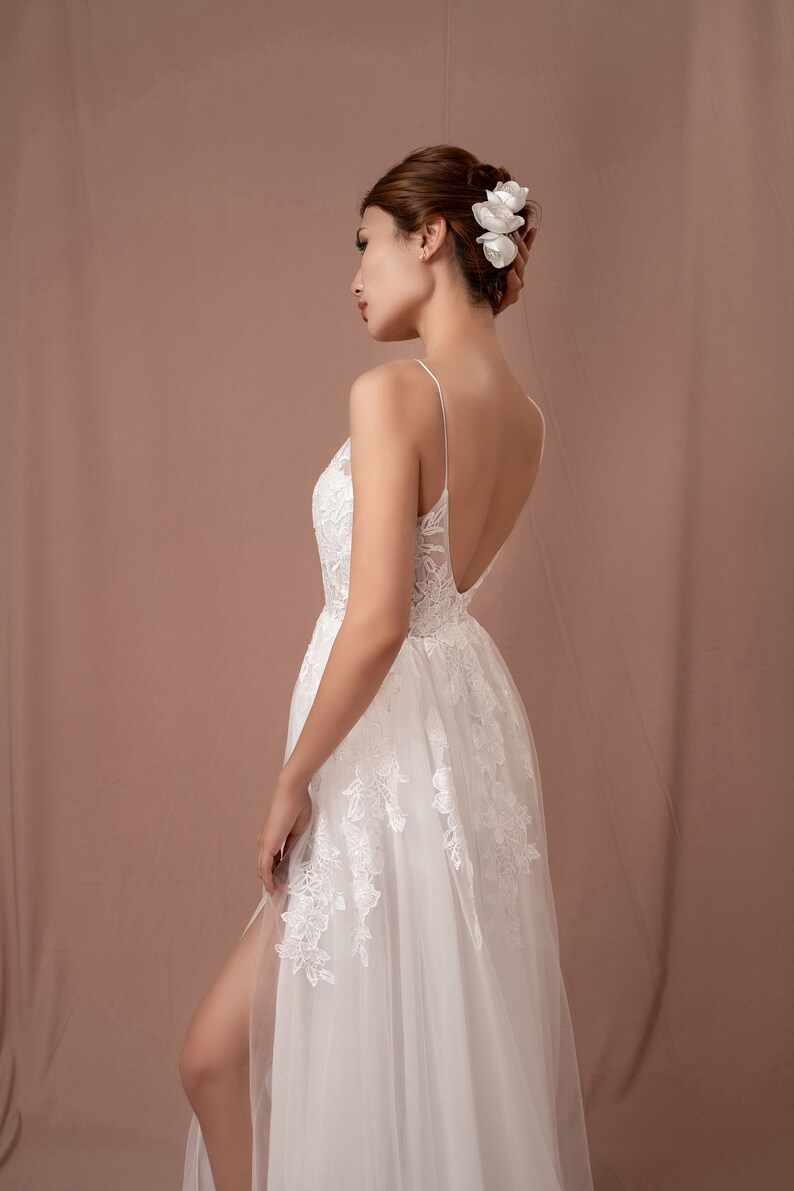 Beach Wedding Dress Spagetti Straps V Neck Low Back Split A-line Bridal ...