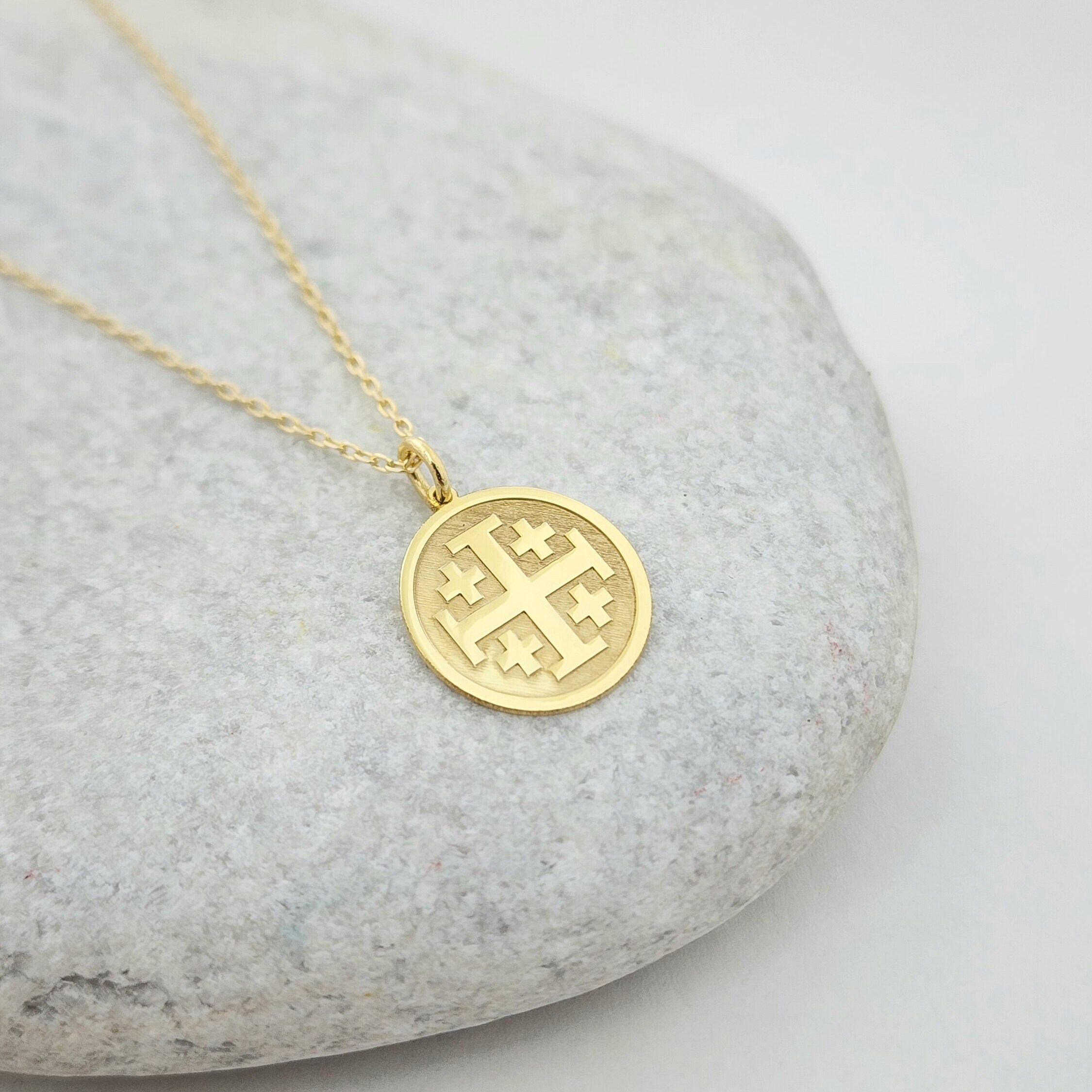 Dainty 14k Solid Gold Jerusalem Cross Coin Necklace: Greek Orthodox ...