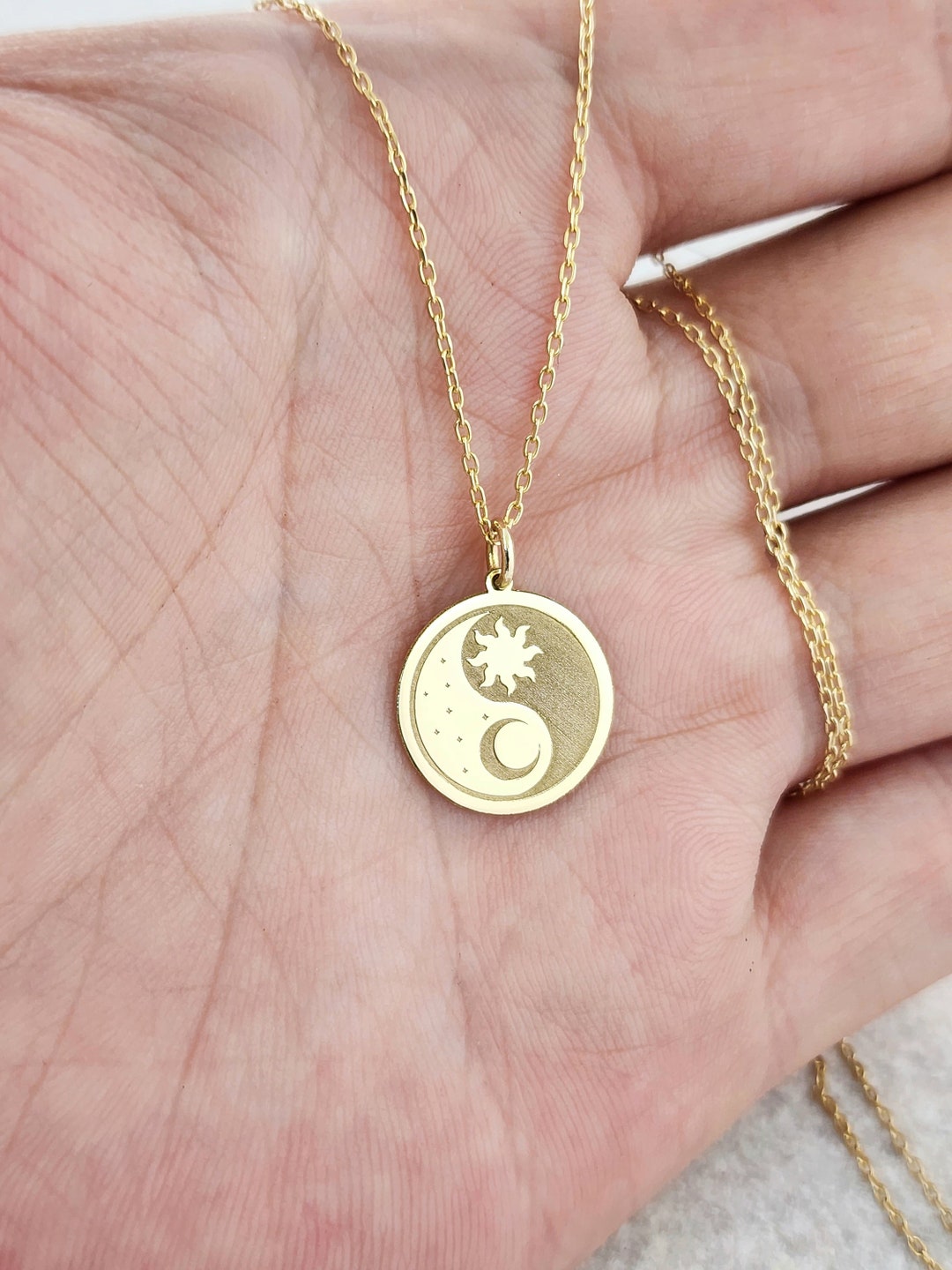 14K Solid Gold Yin Yang Moon and Star Necklace, Ying Yang Pendant, Yin ...