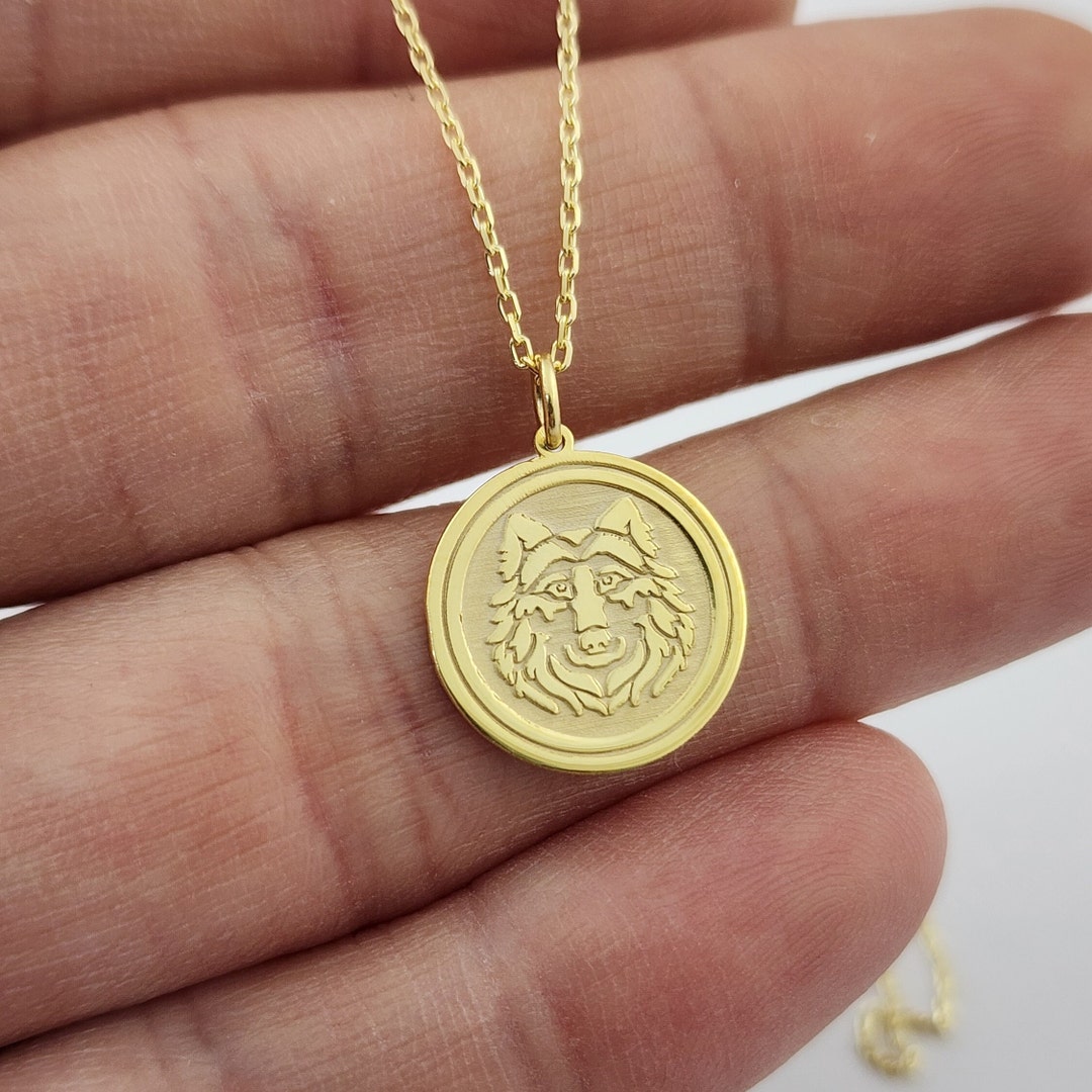 14k Solid Gold Wolf Coin Necklace: Personalized Animal Pendant - Etsy