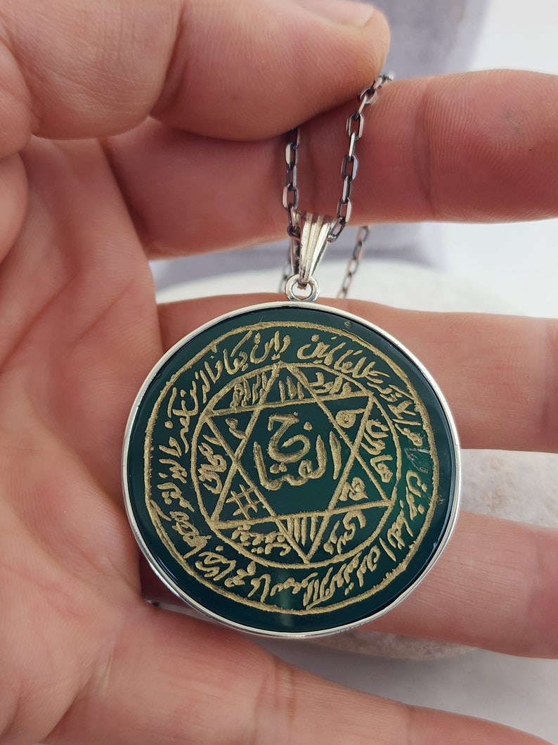 Green Aqeeq Seal of Solomon Necklace Engraving Solomon Seal Pendant for ...