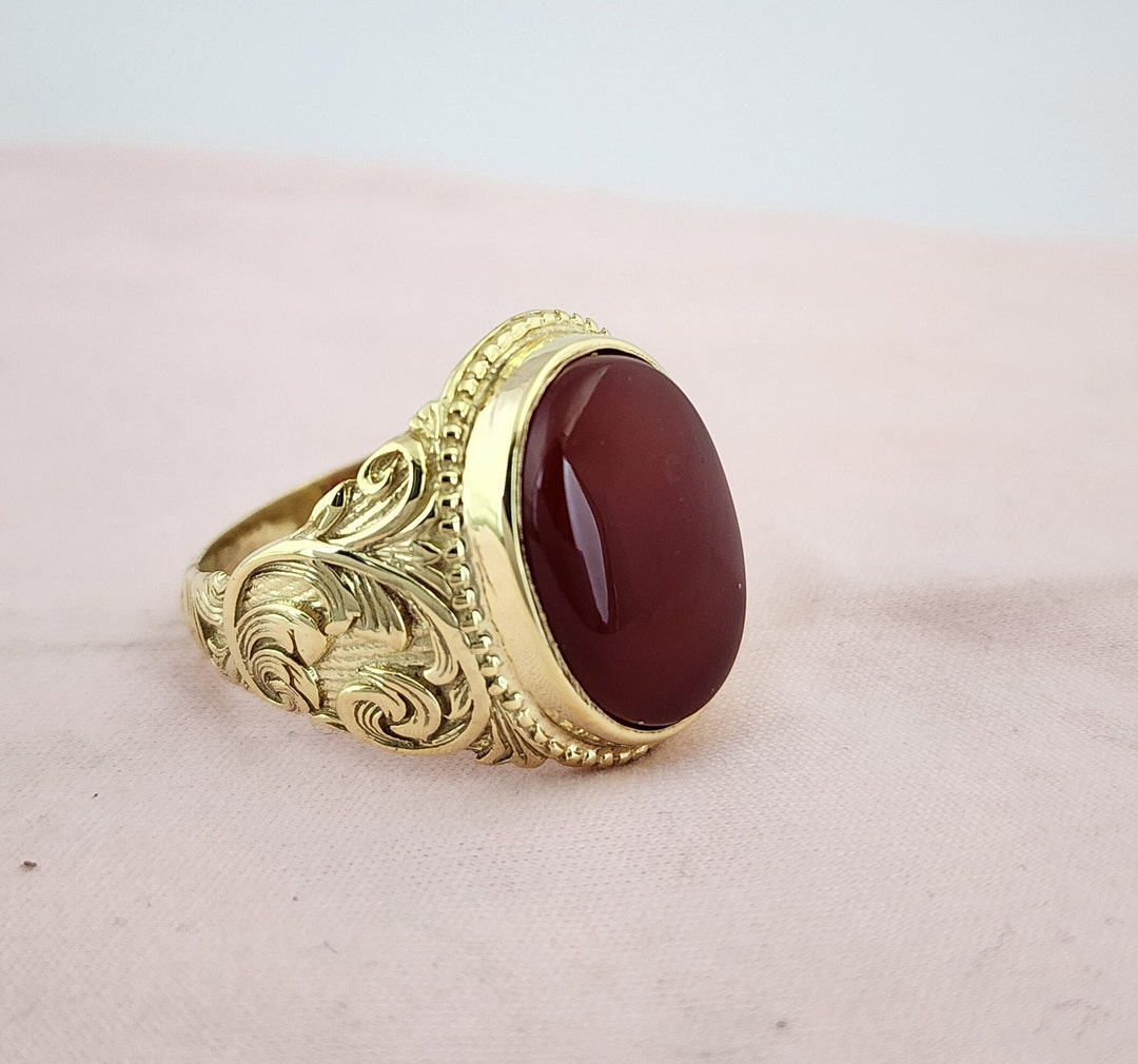 Mens Ring Red Agate 14K Gold Ring - Man Ring - Signet Ring Mens - Gold ...