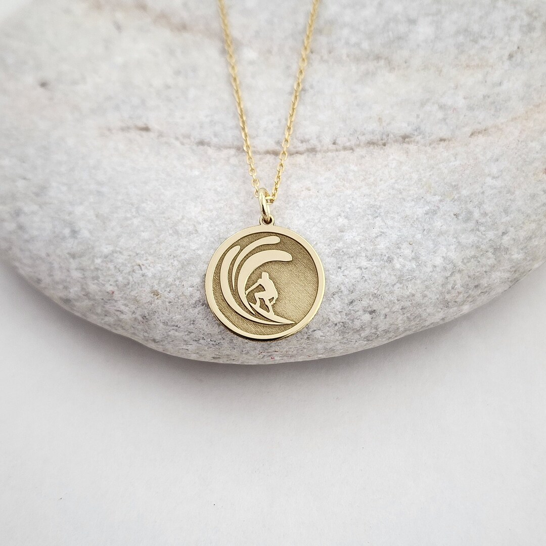14K Solid Gold Surfer Pendant, Engraved Surfer Necklace, Personalized ...