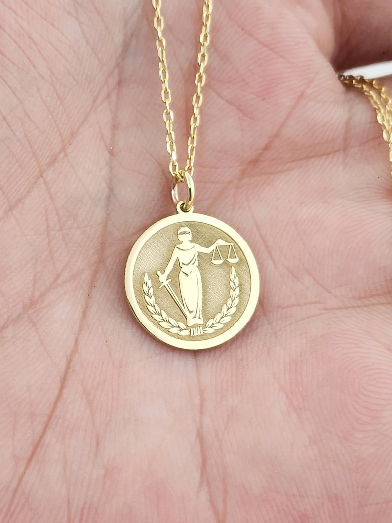 14k Gold Lady Justice Necklace , Solid Gold Lady Justice Pendant ...