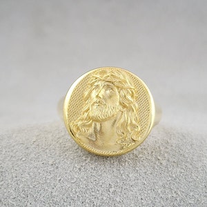 14K Gold Jesus Men's Ring, Relief Jesus Signet Rings, 10K Messiah ...