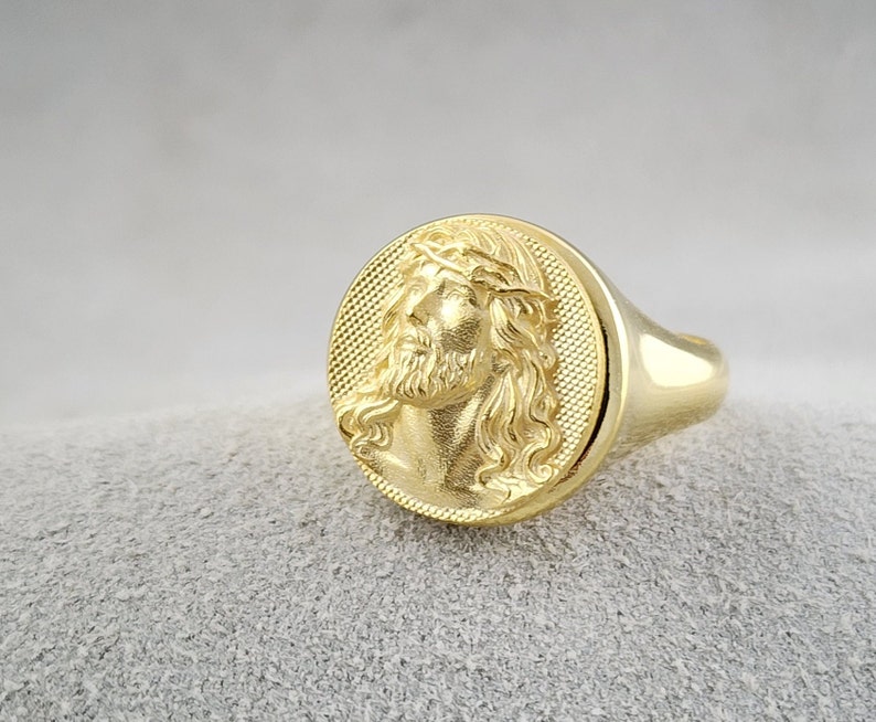 14K Gold Jesus Men's Ring, Relief Jesus Signet Rings, 10K Messiah ...