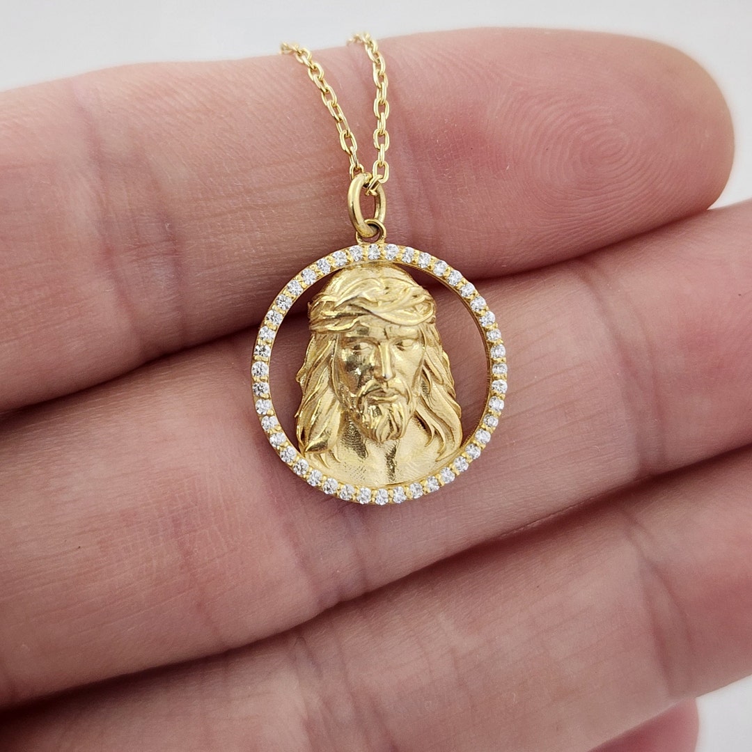 14k Solid Gold Jesus Pendant With CZ Diamond - Etsy