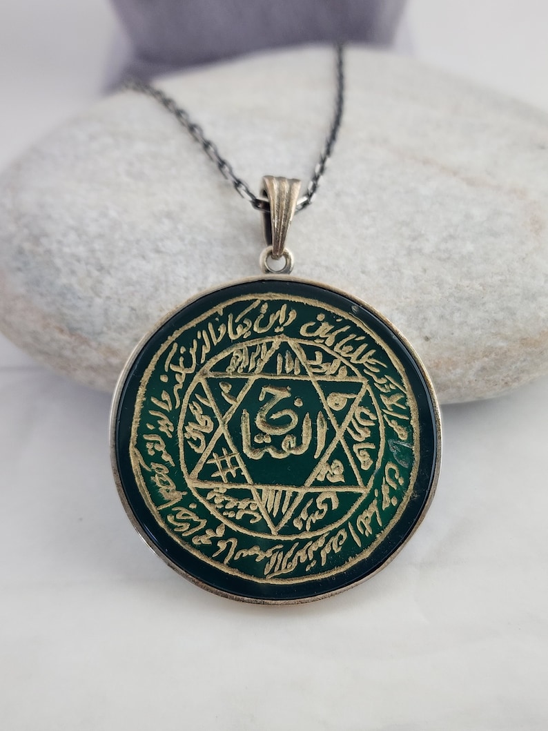 Green Aqeeq Seal of Solomon Necklace Engraving Solomon Seal Pendant for ...