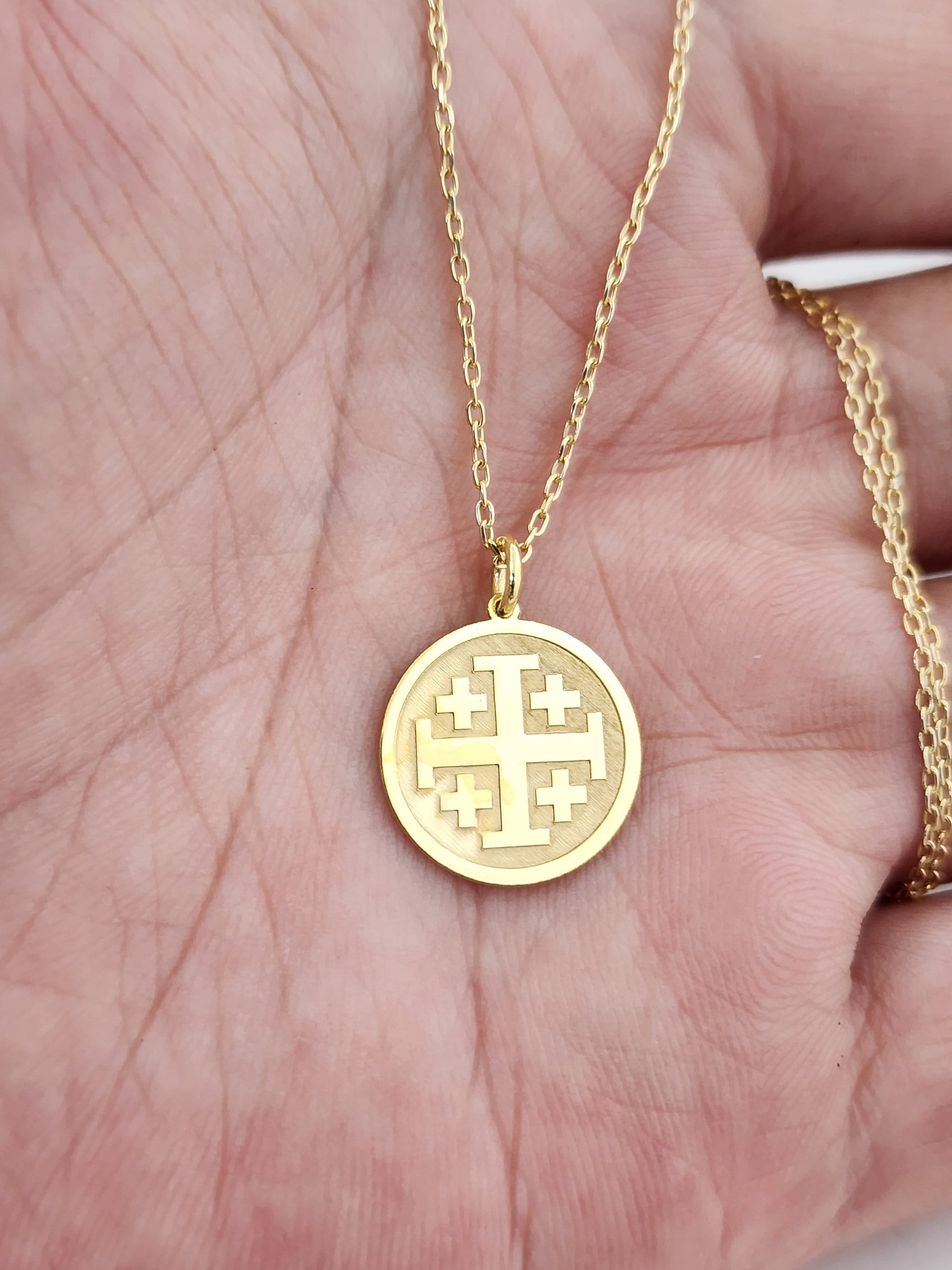 Dainty 14k Solid Gold Jerusalem Cross Coin Necklace: Greek Orthodox ...