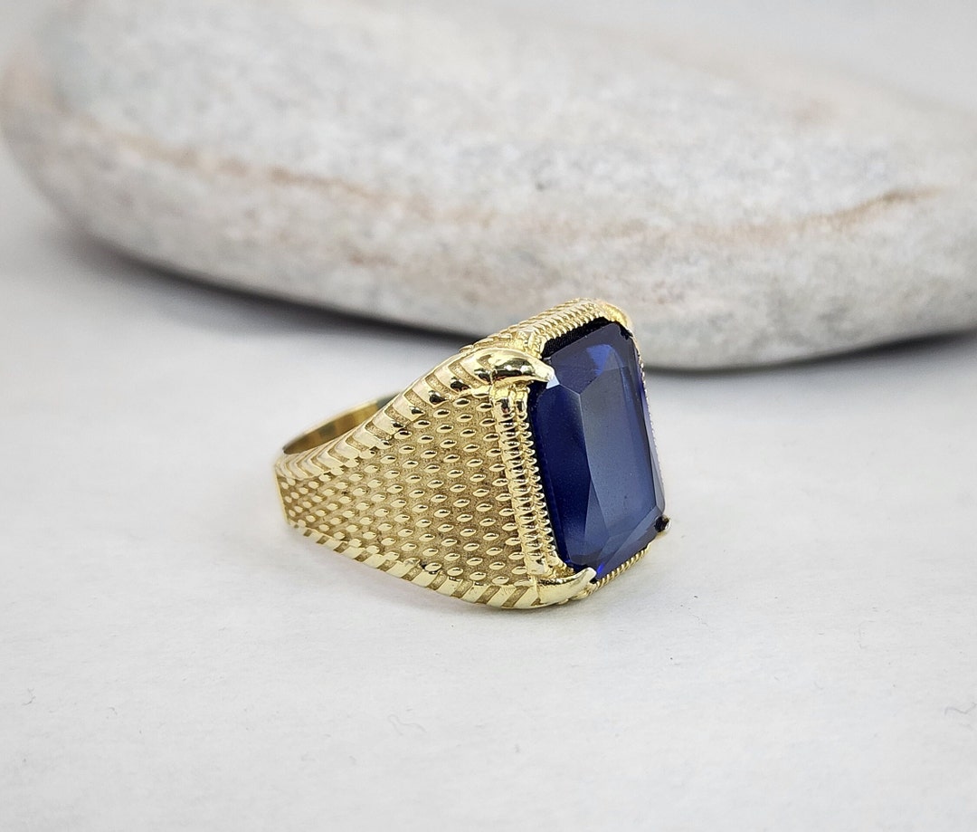 Mens Ring Sapphire 14K Gold Ring - Man Ring - Signet Ring Mens - Gold ...