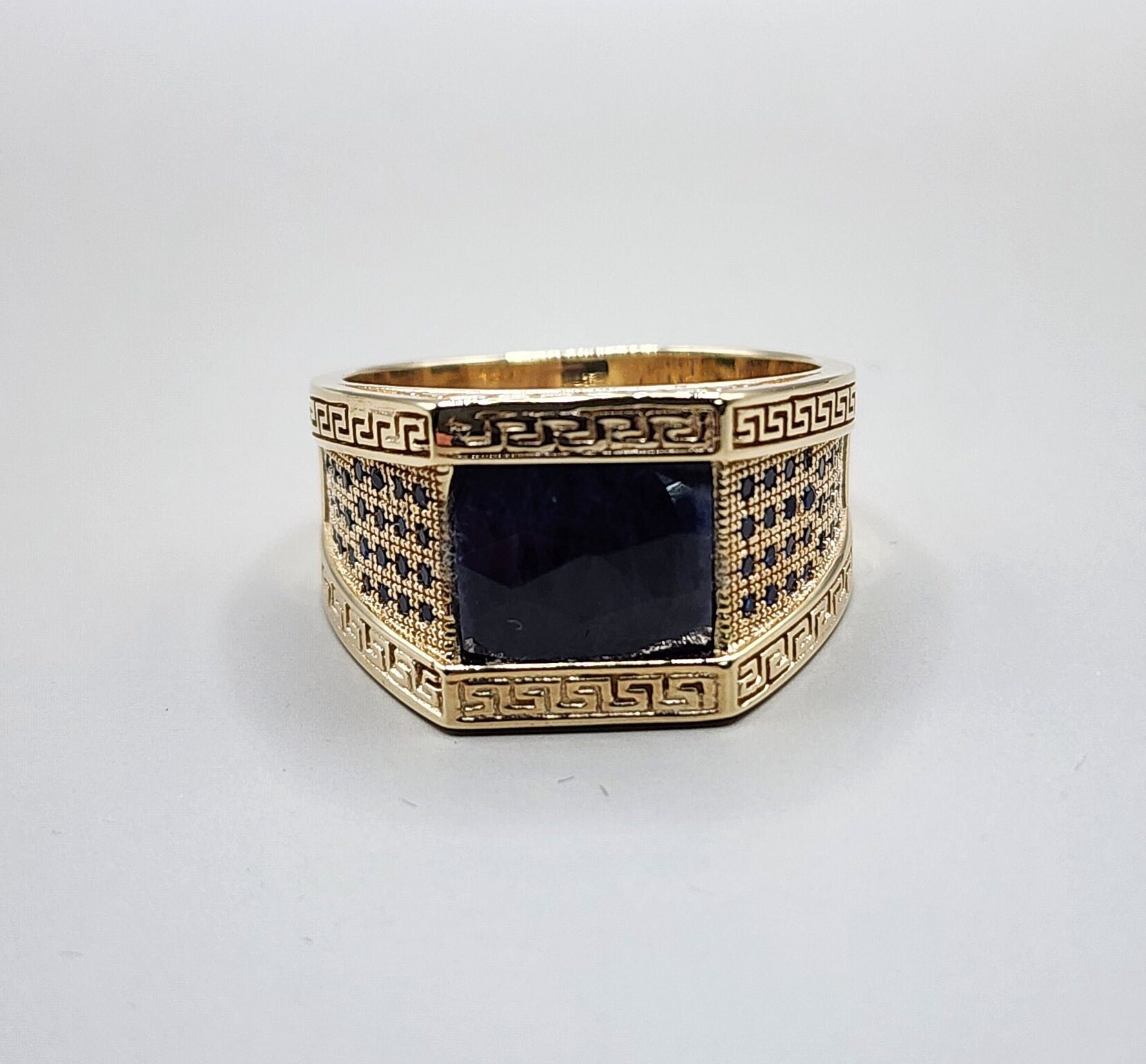 Mens Ring Natural Sapphire 14K Gold Ring Man Ring Signet Ring Mens Gold ...