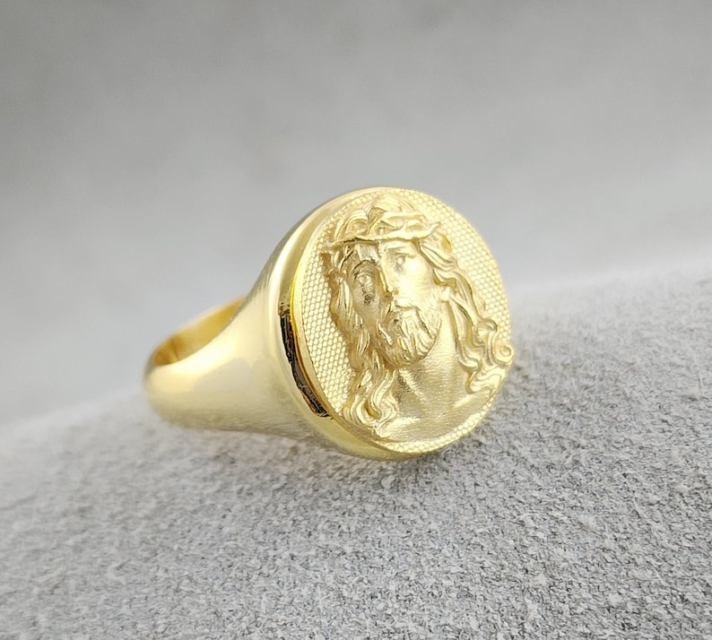 14K Gold Jesus Men's Ring, Relief Jesus Signet Rings, 10K Messiah ...