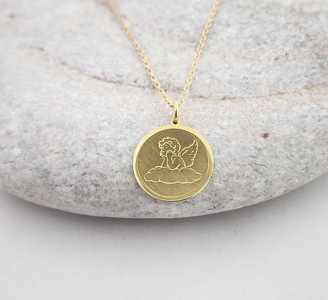 14k Solid Gold Angel Coin Necklace: Personalized Pendant - Etsy
