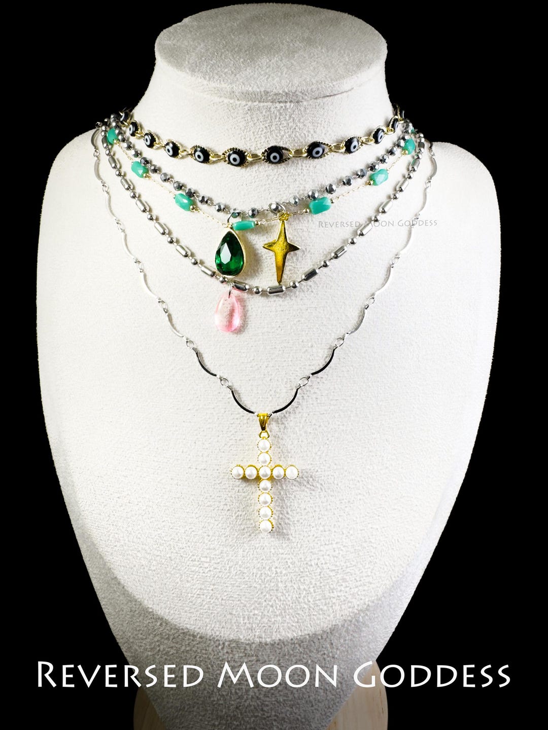 Vintage Colorful Cross Necklace , Layered Pearl Necklace , Multi ...
