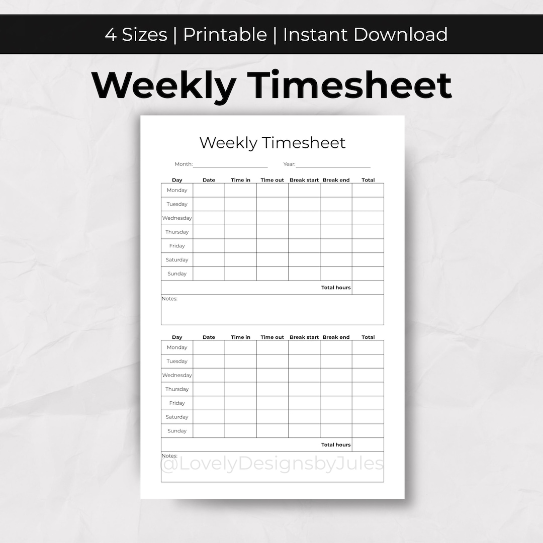Weekly Timesheet Printable | Work Log Sheet | Tracker Template | Time ...