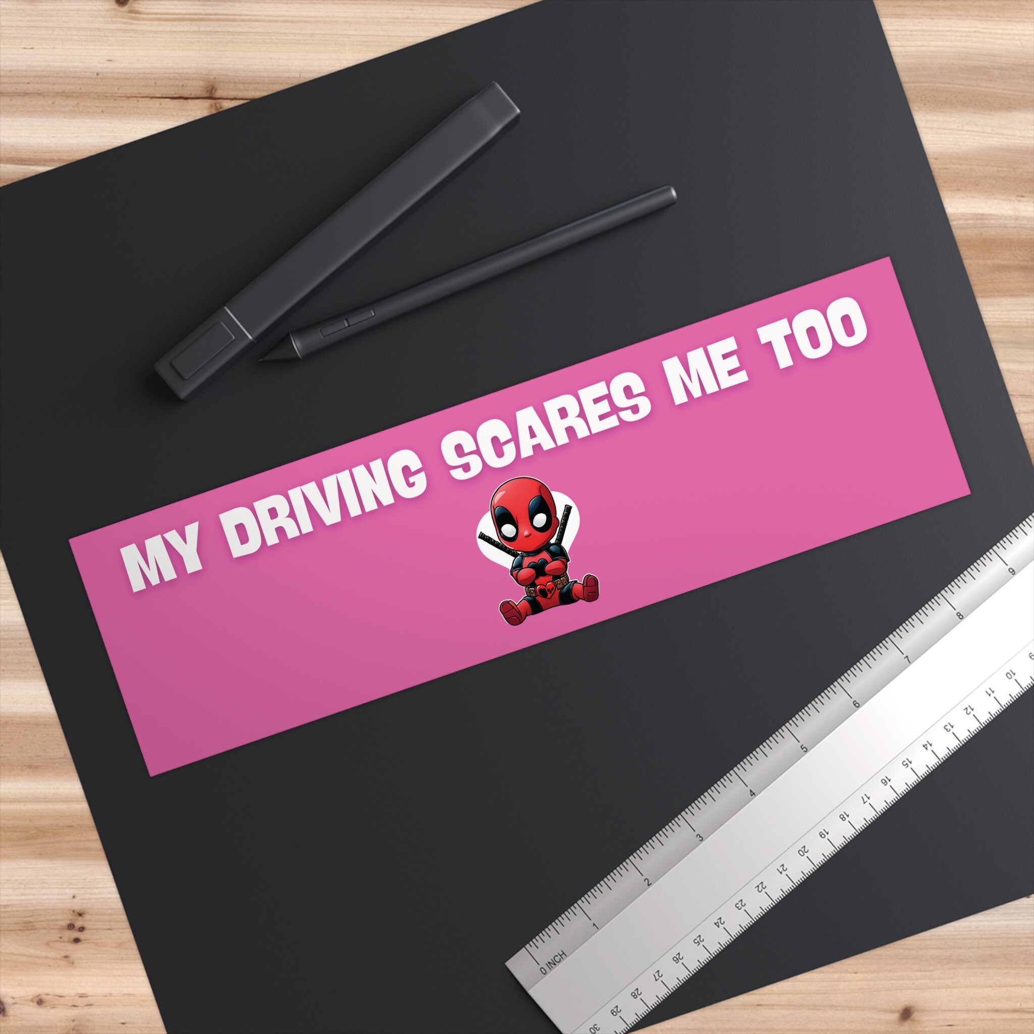 Pink Hilarious Deadpool Bumper Sticker & Car Magnet My Driving Scares ...