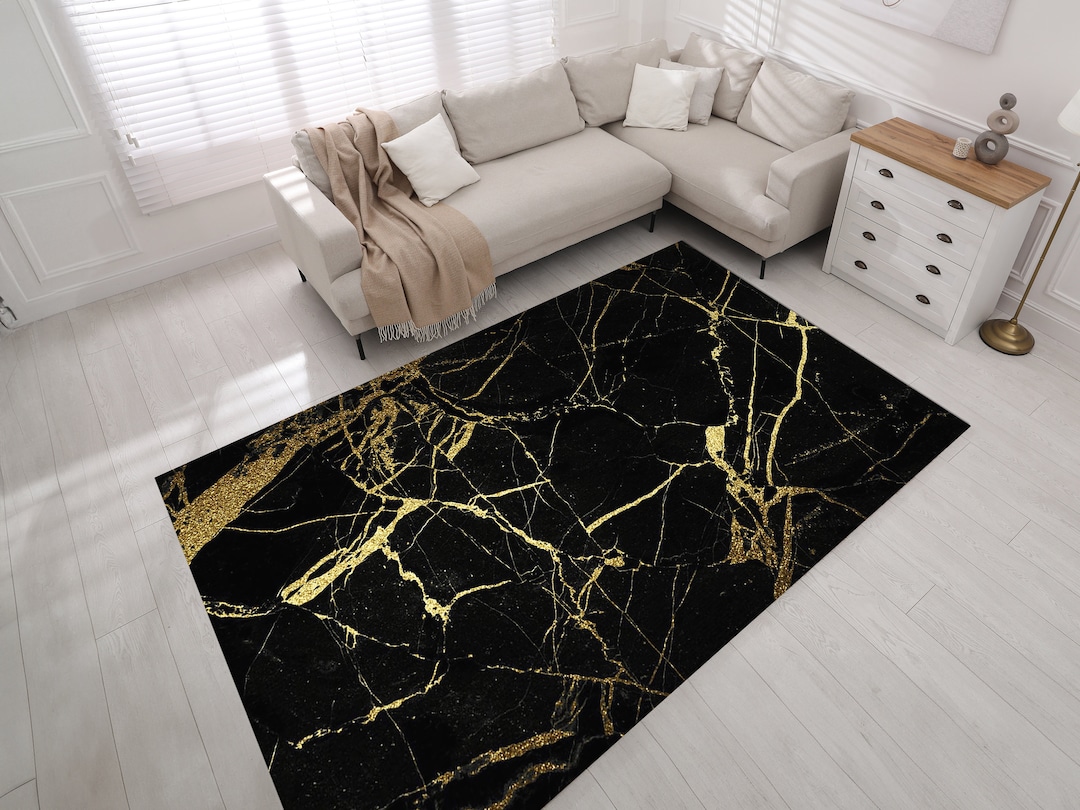 Black Gold Marble Rug, Pattern Rug, Black and White Rug, Modern Area ...