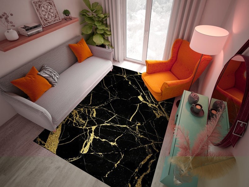 Black Gold Marble Rug, Pattern Rug, Black and White Rug, Modern Area ...