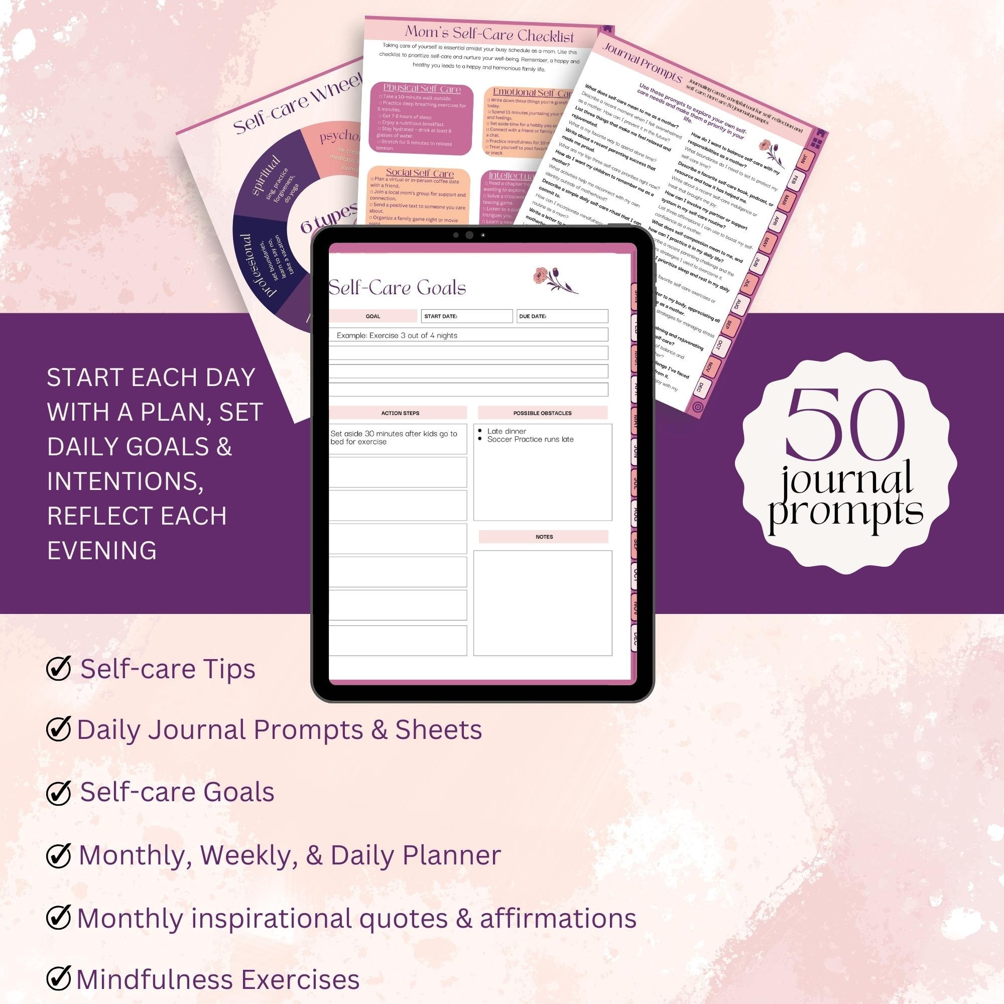 Self Care Digital Planner and Journal for Moms, Hyperlinked 2024 ...