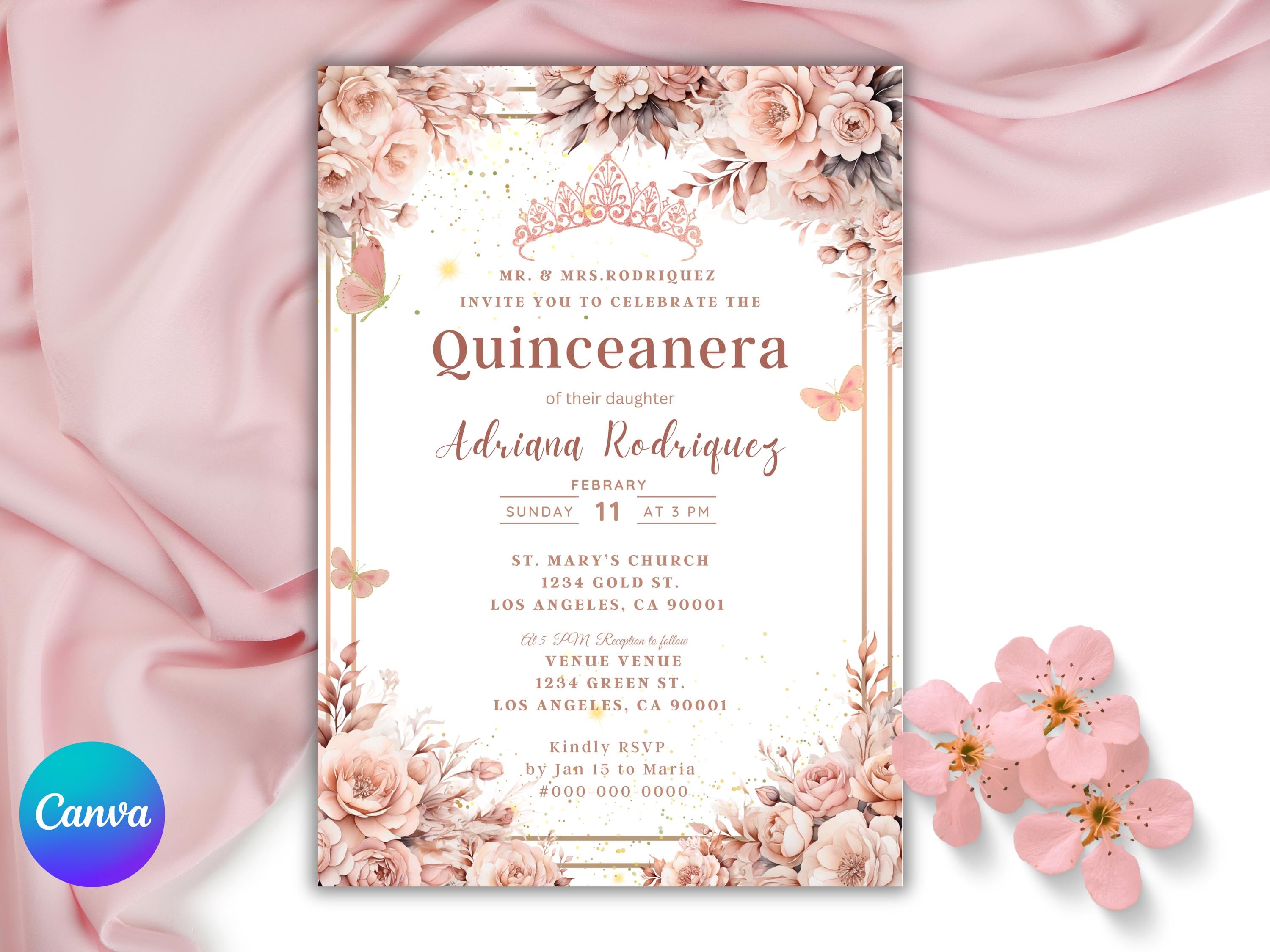 Rose Gold Quinceanera Invitation Template: Editable Floral Design ...