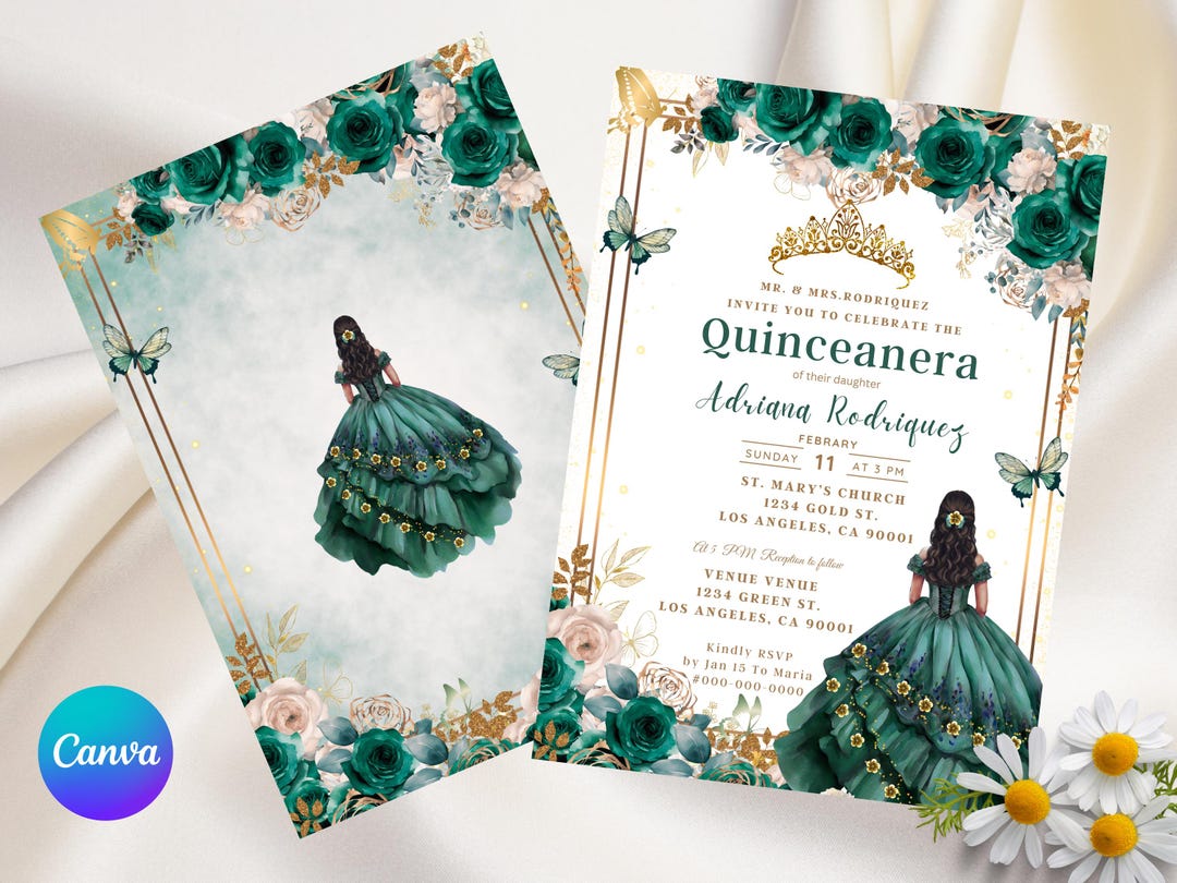 Gold Hunter Green Quinceanera Invitation Template (digital Download) - Etsy
