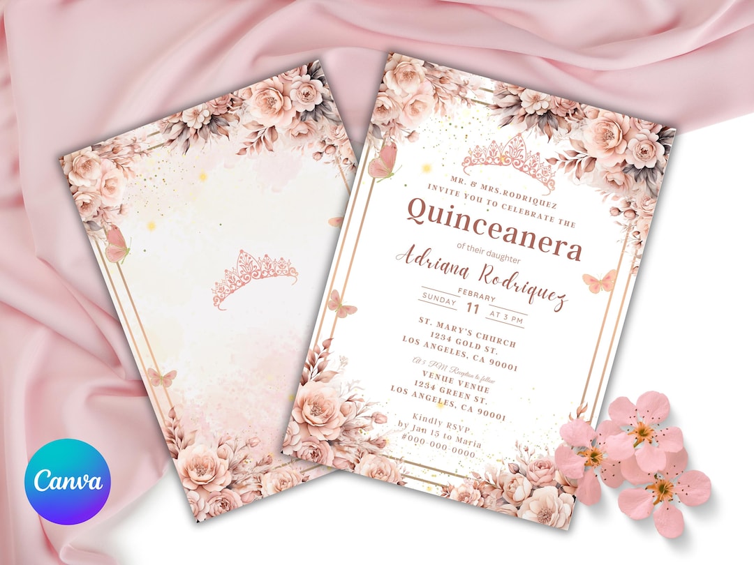 Rose Gold Quinceanera Invitation Template: Editable Floral Design ...