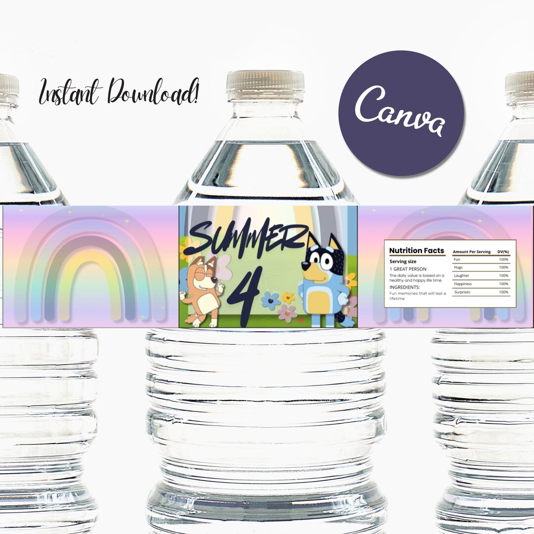 Bluey Birthday Water Bottle Label • Bluey Party Favor • Editable Canva ...