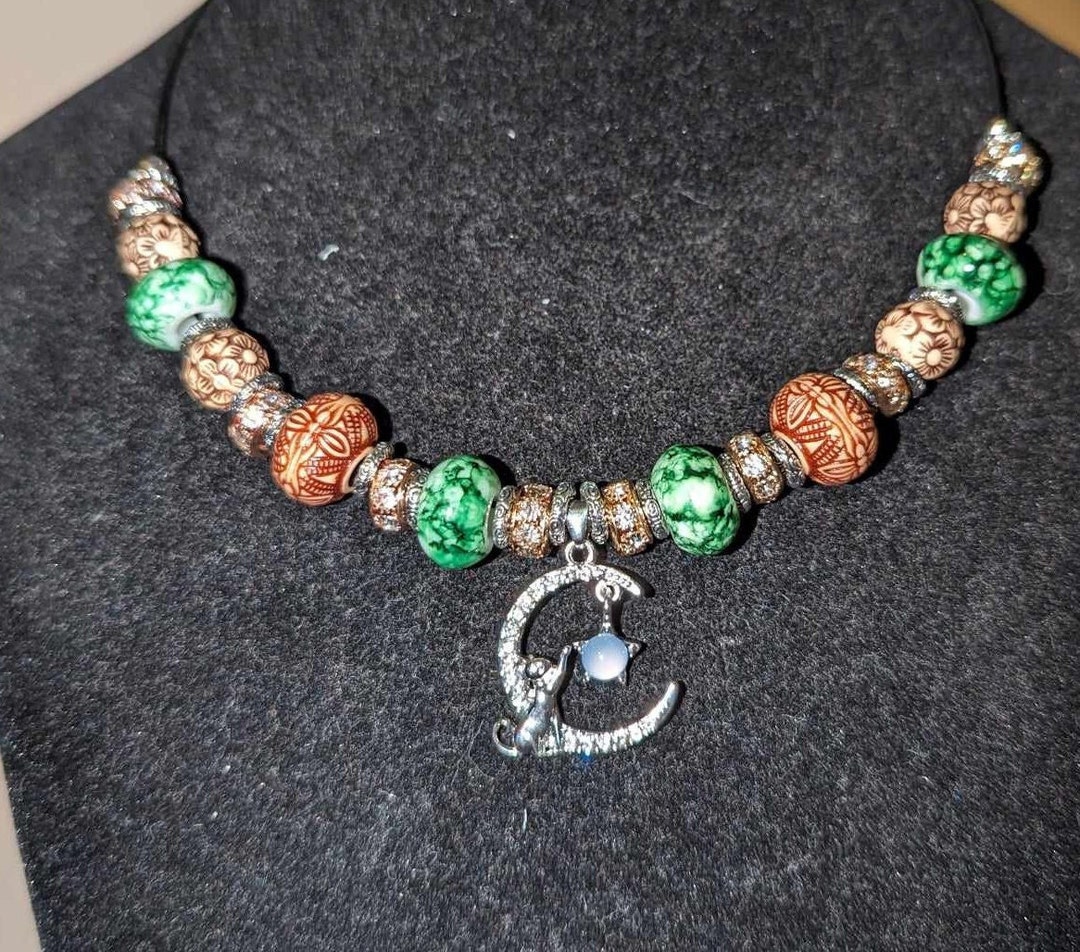 Earth Tone Bead Necklace With Playful Kitty Pendant, Cat Lover Necklace ...