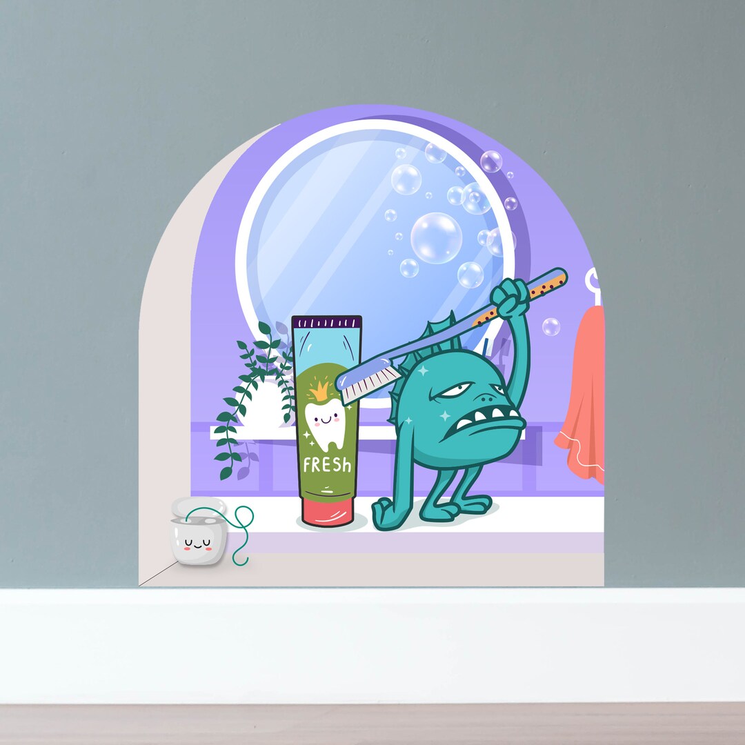 Cute Toothbrush Monster - 3D Effect Wall Sticker - Removable Wall ...